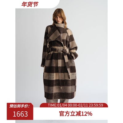 PREEKEND 羊毛混纺棕色格纹/黑灰连衣竖翻领慵懒廓型系腰两穿大衣