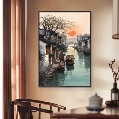 水乡日落画中式古建筑自然风景画