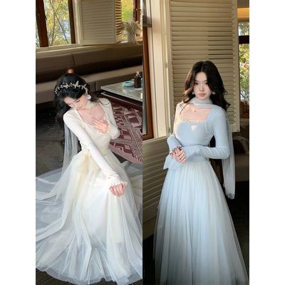 法式温柔气质少女感方领拼接网纱仙女风收腰显瘦长袖氛围感连衣裙