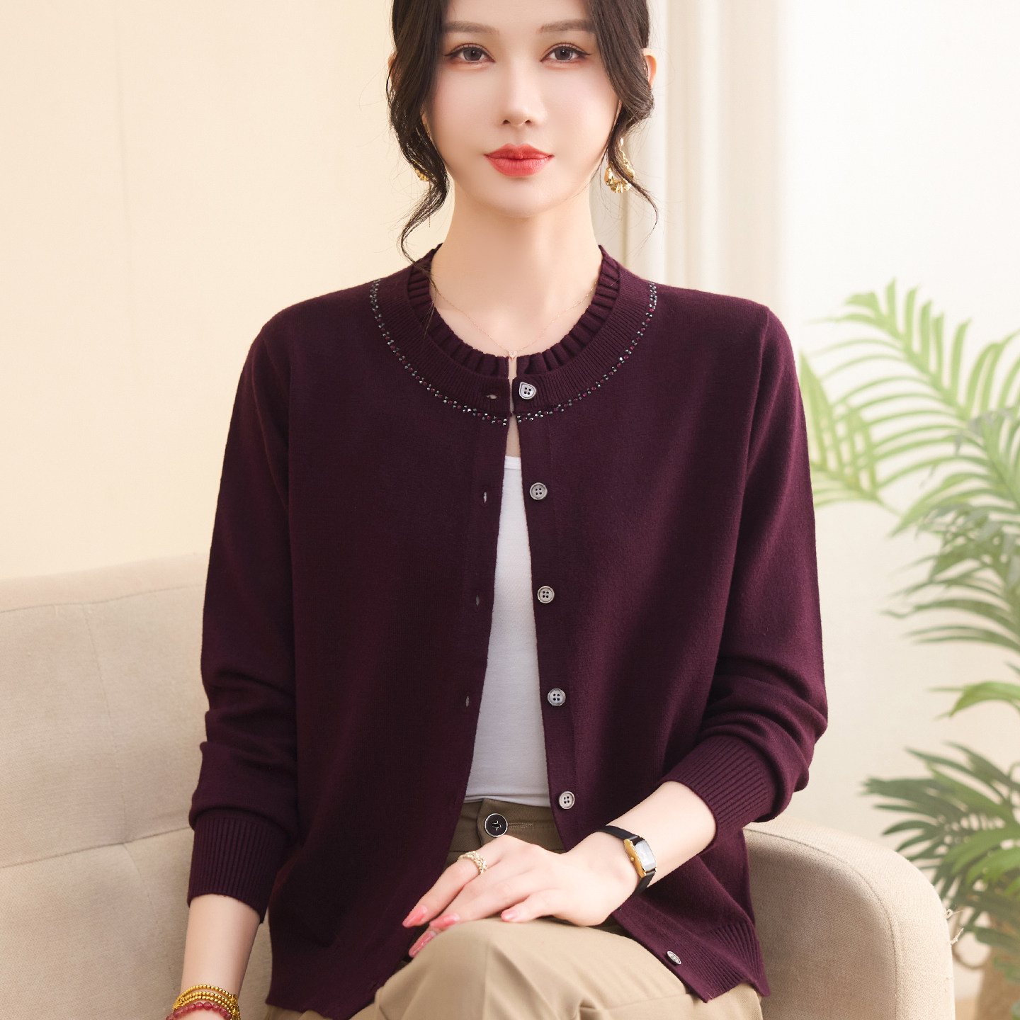 羊毛针织开衫女春秋毛衣外套大码洋气薄款中年妈妈装外搭短款上衣