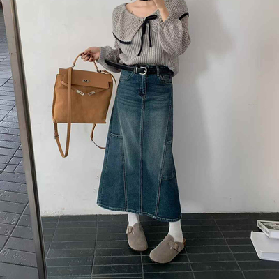 包臀后开叉牛仔裙中长款一步裙