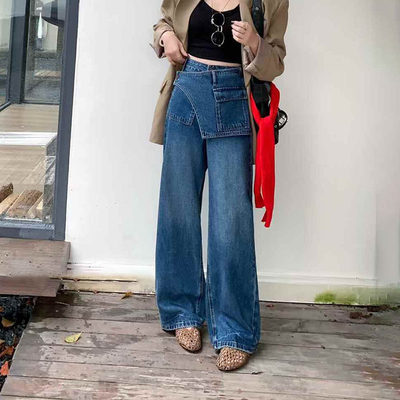 欧货2025秋季新款假两件屁帘牛仔裤女直筒宽松拖地高腰阔腿裤长裤