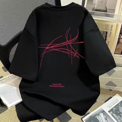 潮牌美式黑色字母设计感短袖T恤男女夏季overseas情侣休闲上衣ins
