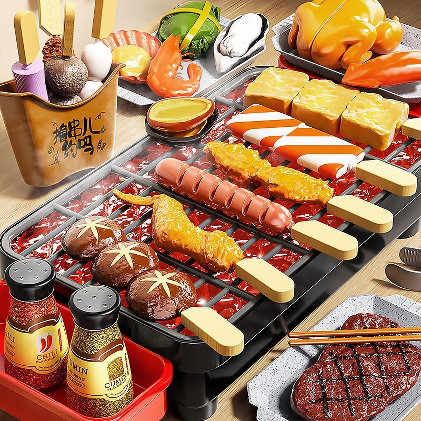 迷你小厨房关东煮饭宝宝做饭仿真串烧烤架套装儿童过家家bbq玩具