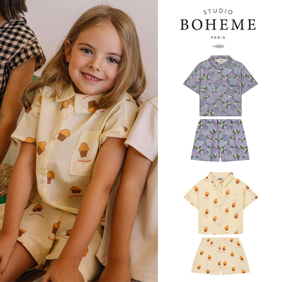 Little 法国boheme SS26男女童中性印花短袖衬衫短裤套装有机棉