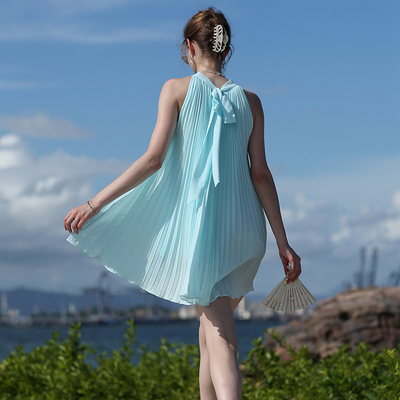 度假A字裙雪纺纯色百褶宽松