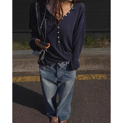 已出货韩系宽松BF风百搭小众时尚纽扣装饰长袖T