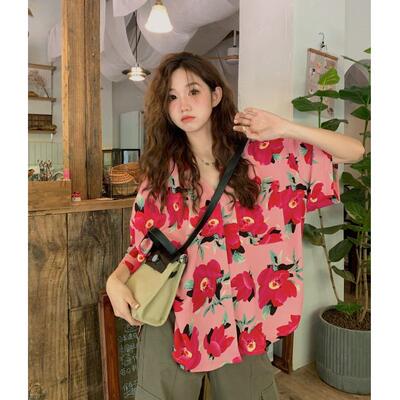 美式日系桃花粉粉休闲夏威夷风衬衫女港风甜酷个性复古印花衬衣潮