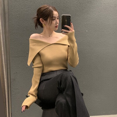 有货 韩国chic秋季新款气质大翻领长袖针织衫女上衣