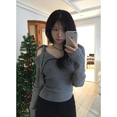 韩国chic春季新款复古V领打底衫长袖设计感绑带长袖针织衫