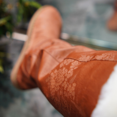 断料特余38码青囍冬纯羊毛皮毛一体高筒靴【紫檀色喜上眉梢】布鞋