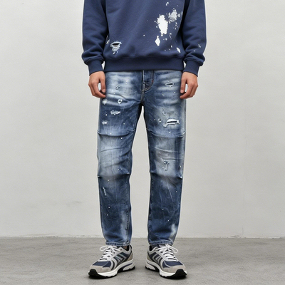 3D破洞水洗宽松锥形中腰男牛仔裤