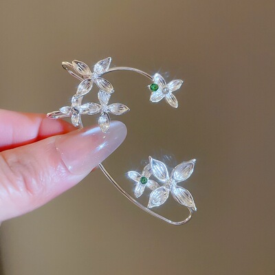 法式冷淡风镶钻锆石花朵繁花耳挂耳夹高级感耳钉超显脸小1072