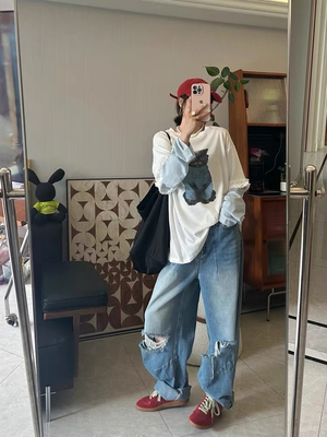 时尚休闲百搭圆领猫咪印花假两件长袖t恤女宽松显瘦高级感上衣