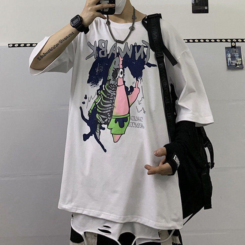 美式卡通派大星趣味短袖T恤男女个性潮牌海绵宝宽松大码半袖上衣
