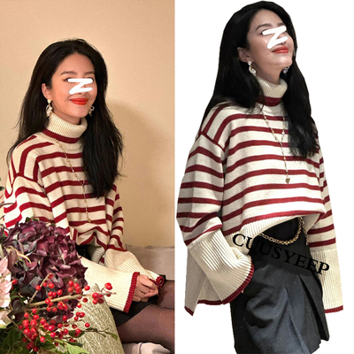 明星同款设计感条纹慵懒毛衣上衣