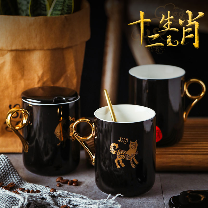 涂鸦十二生肖马克杯 彩绘描金陶瓷杯子带盖 创意水杯咖啡杯 礼物