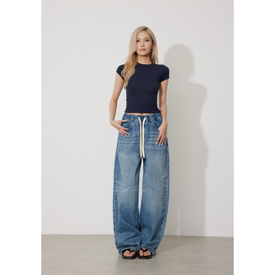 RUGOSAM「阔腿裤系列」早春上新丨松紧腰女个性磨白牛仔裤RB0483