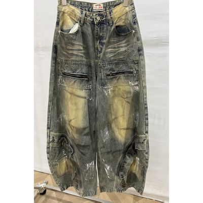 皇后HHMM9678秋装美式复古涂鸦弯刀牛仔裤女宽松休闲直筒阔腿长裤