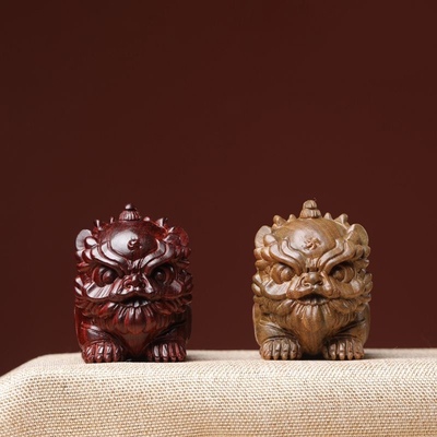 小叶紫檀醒狮手工雕刻精雕红木客厅菩萨动物狮子头手把件招财送礼