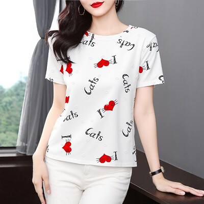 爱心字母印花T恤女圆领短袖女装