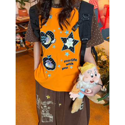 C2自制/美式卡通星星印花短袖T恤女撞色插肩袖显瘦上衣夏季新款潮