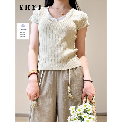 YRYJ女装商场同款2025夏季柔软舒适假两件短袖针织衫女4352003297