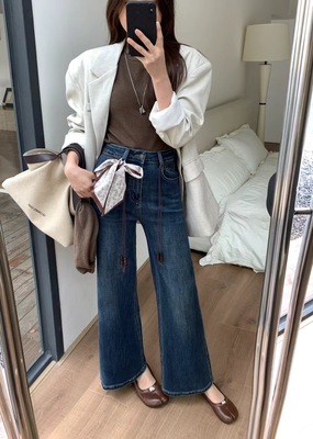 2025年秋季新款韩版百搭显瘦高腰女宽松小个子十分直筒牛仔裤