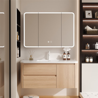 卫生间原木色圆弧蜂SPC窝铝浴室柜组合新款洗手陶瓷一体盆洗脸盆