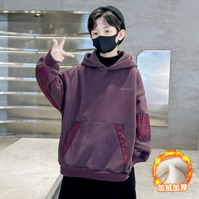 男童加绒卫衣秋冬款2025新款痞帅风男孩加厚保暖冬装儿童连帽上衣