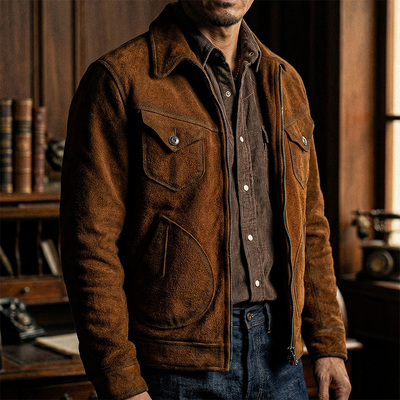 斑驳做旧黄~莫臣男装翻领头层牛皮反绒重水洗旧化工艺PF62