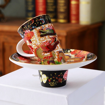 中式双花龙2杯2碟礼盒套装咖啡杯