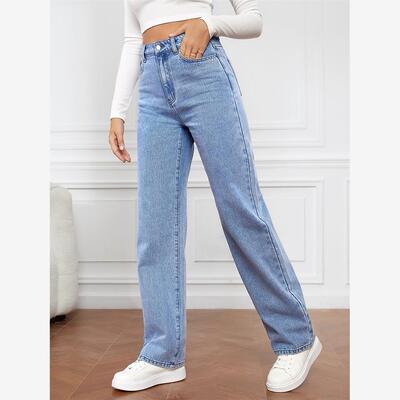Washed denim fashion straight pants jeans for women