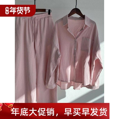Ladies 2 Piece Set Cotton Linen Shirt Suit Loose Pants套装