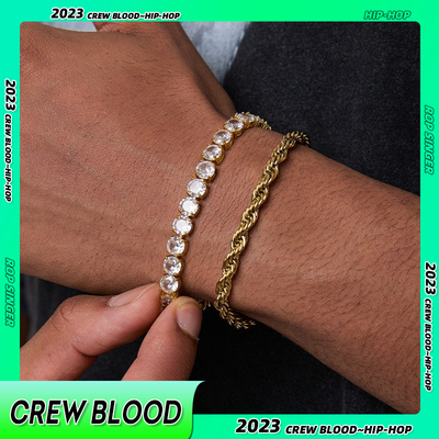 CREW欧美嘻哈叠戴网球手链金色锆石镶嵌麻花手链小众送男友礼物