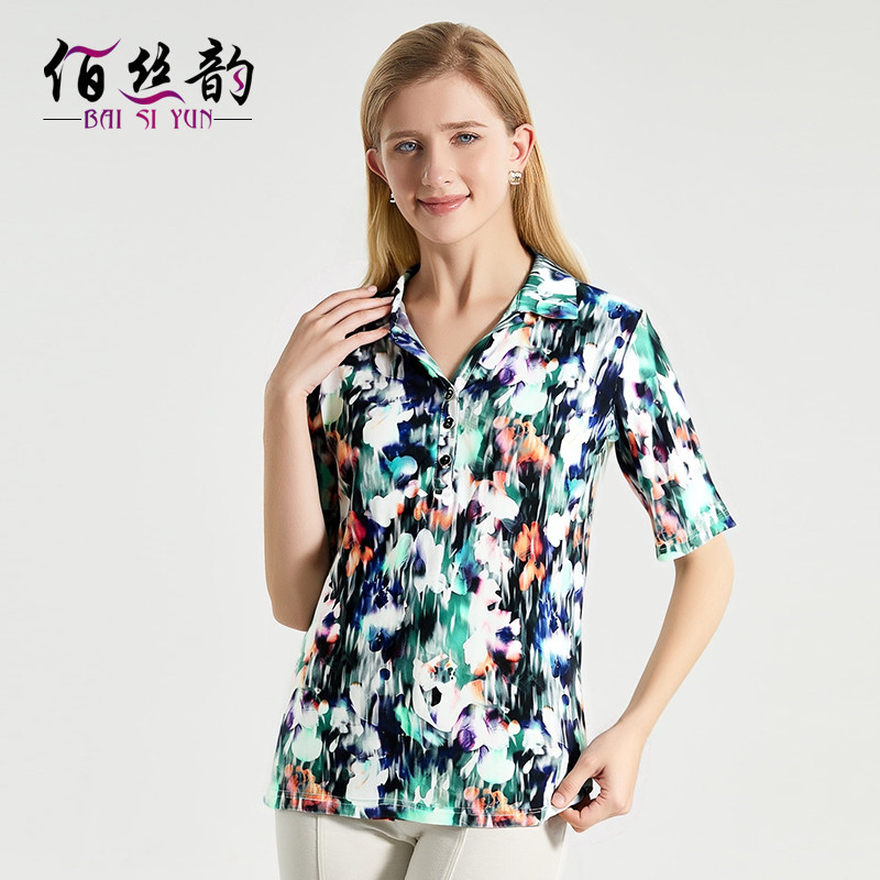 真丝短袖T恤夏季新款大码印花女翻领百搭显瘦休闲桑蚕丝中袖上衣