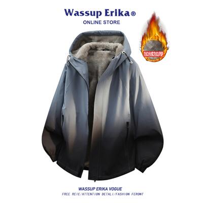 WASSUP ERIKA美式渐变加绒工装外套男款秋冬新款拼接复古连帽夹克