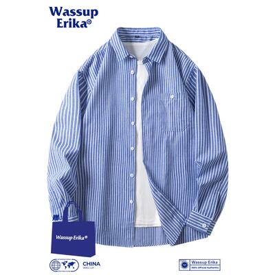 WASSUP ERIKA春秋休闲风条纹长袖衬衫男潮牌学生宽松情侣衬衣外套