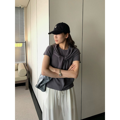 元派bluepops2025夏季新款韩版休闲宽松披肩短袖针织衫上衣两件套
