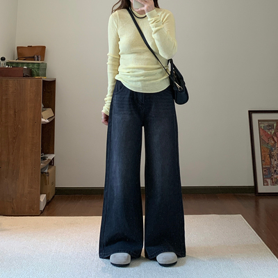 Omang桃喜高腰加绒阔腿牛仔裤