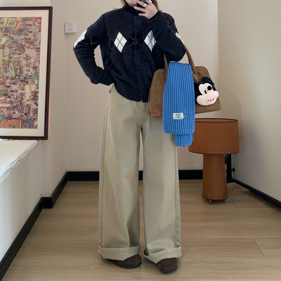 Omang桃喜 美式复古卡其色阔腿牛仔裤女秋季高腰宽松百搭直筒长裤
