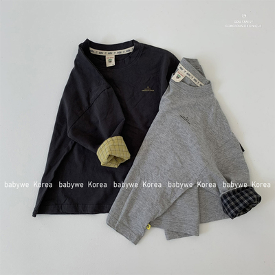 GOU▲BabyWe韩国代购童装25秋儿童撞色格纹翻边袖纯棉亲子长袖T恤
