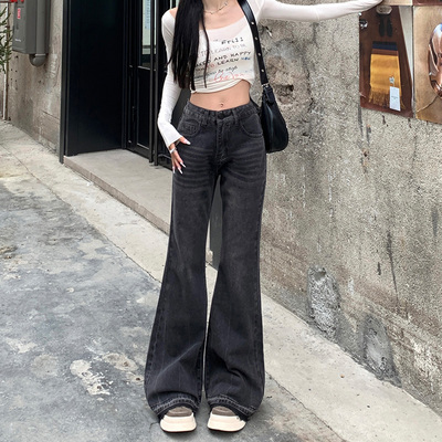 黑灰色复古微喇牛仔裤高腰喇叭裤