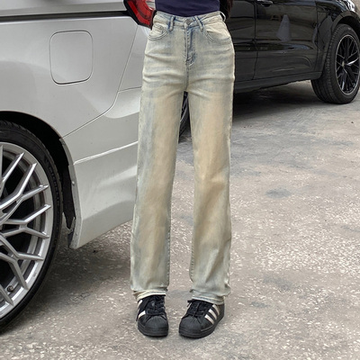 新款水洗做旧黄泥色弹力牛仔裤