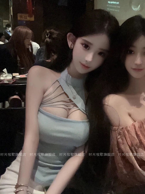 性感辣妹少女蓝色镂空挂脖小吊带背心女春夏季修身不规则短款上衣