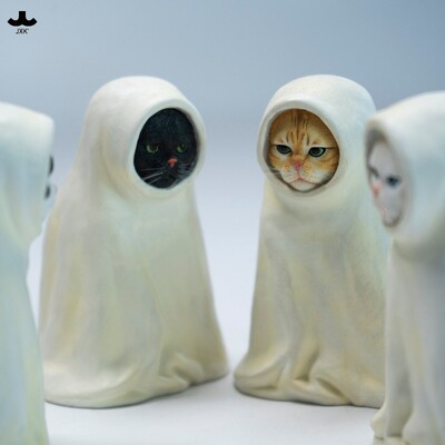 【限时15天75折预售】JXK白袍喵灵模型 仿真幽灵动物潮玩手办摆件