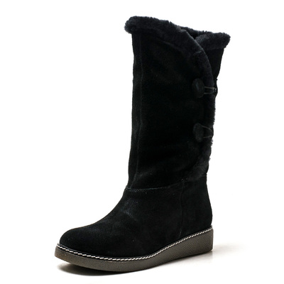 加绒保暖棉靴真皮短靴子女懂黑色磨砂牛皮圆头低坡跟套KLA4SC3125