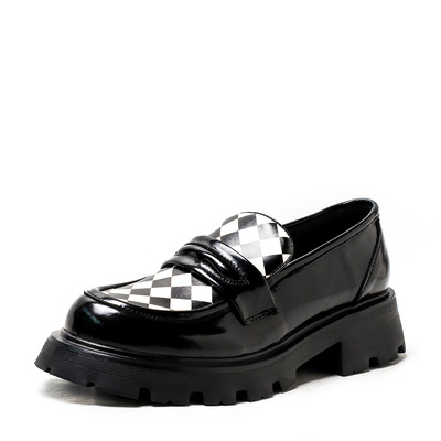真皮单鞋女春秋黑白棋盘格子拼色牛皮乐福鞋子厚底水台MD21112D23
