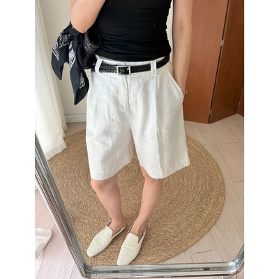 MUCCHIC/老钱风亚麻五分裤高腰百搭休闲中裤白色裤子（配腰带）