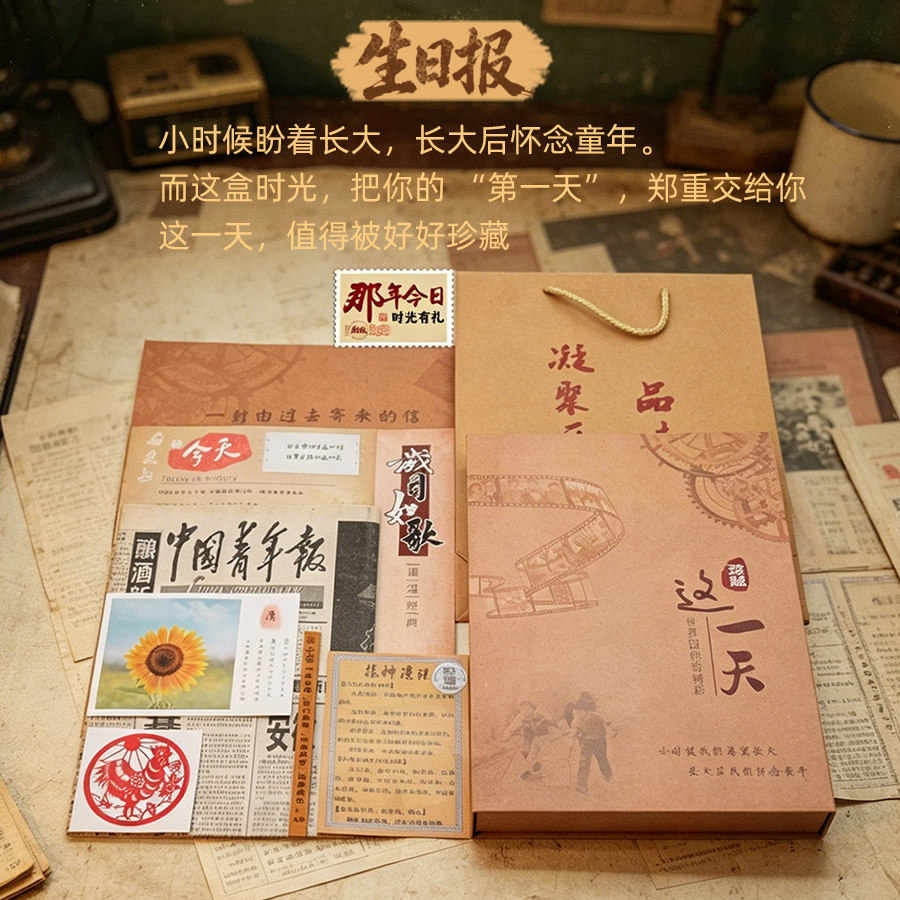 生日报纸经典礼盒套装怀旧喜庆彩色印刷出生当天的原版老报纸创意